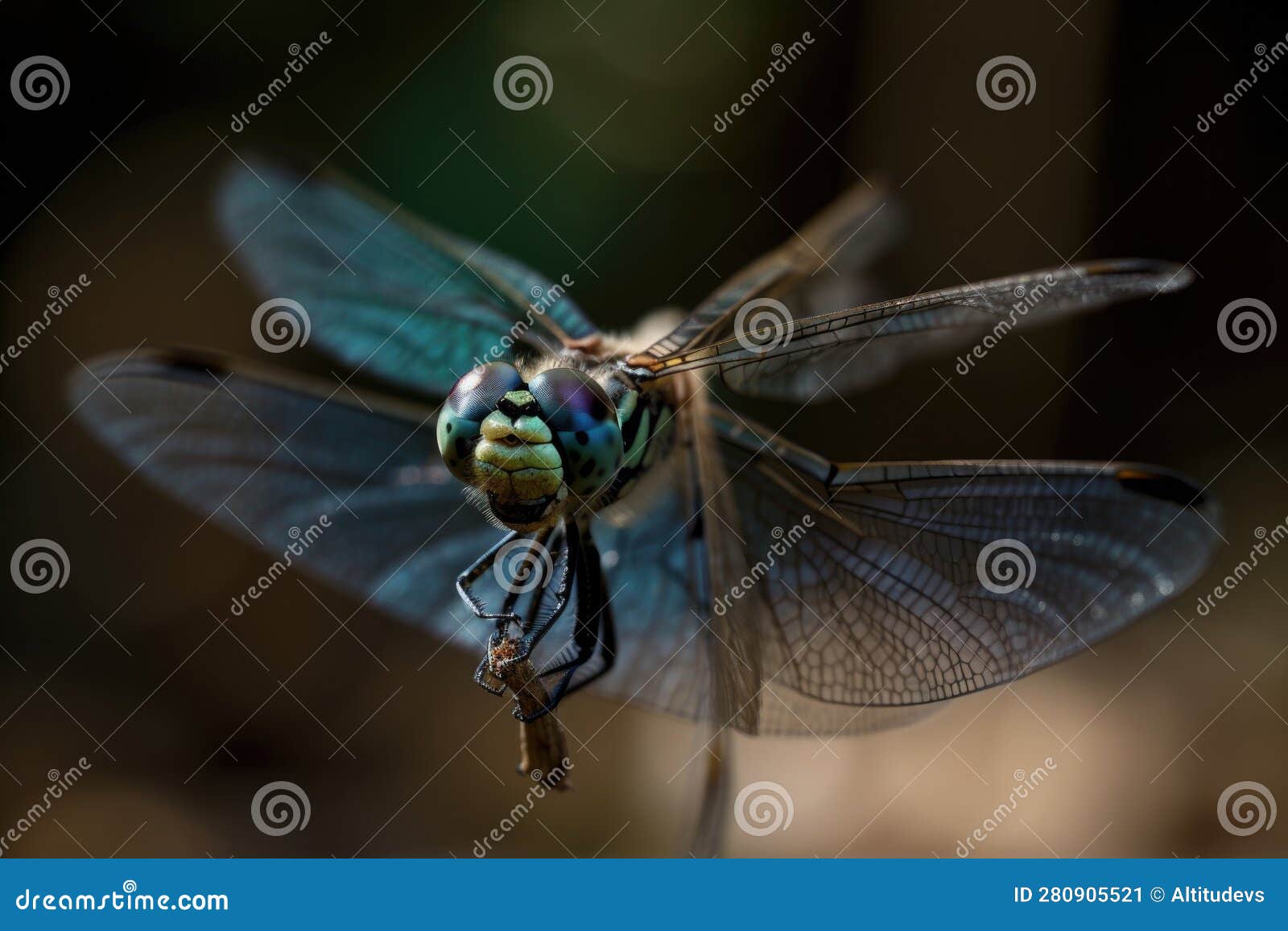Macro Shot of Dragonfly in Flight, Its Wings Buzzing Stock Illustration ...