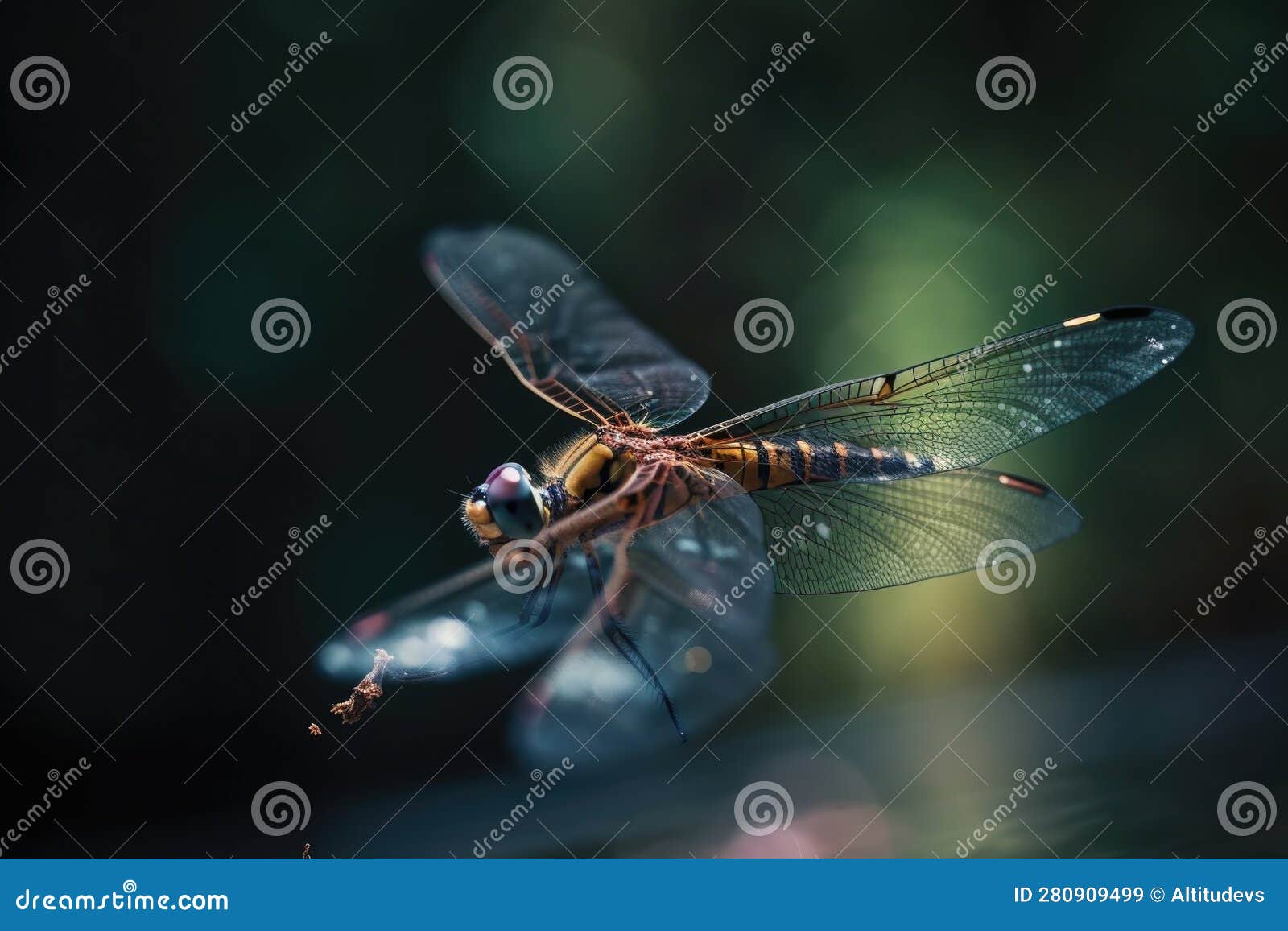 Macro Shot of Dragonfly in Flight, Its Wings Buzzing Stock Illustration ...