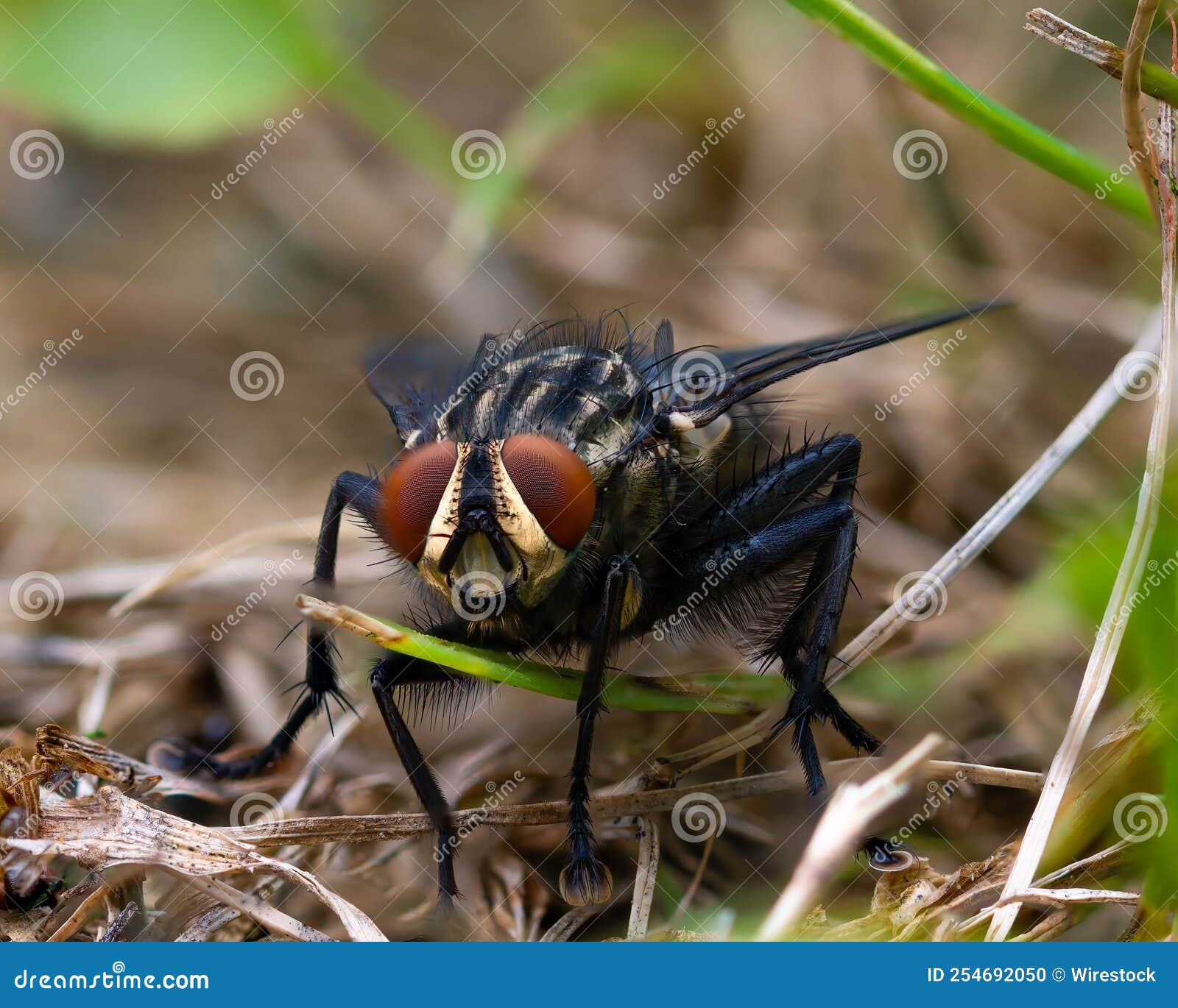 Macro Shot of a Fly on Dried Grass Stock Photo - Image of wildlife ...