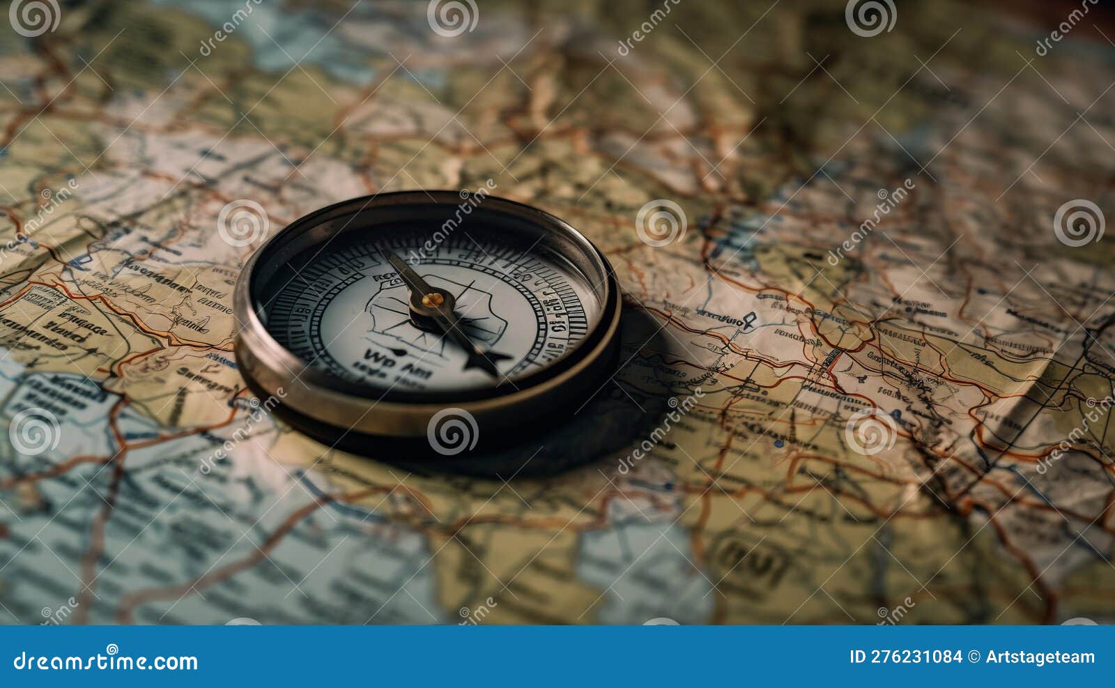 A Macro Shot of a Hiking Map with Compass Realistic. Al Generated Stock ...