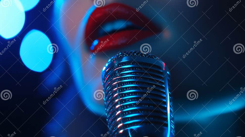 A Macro Shot of Human Lips Articulating into a High-tech Microphone ...