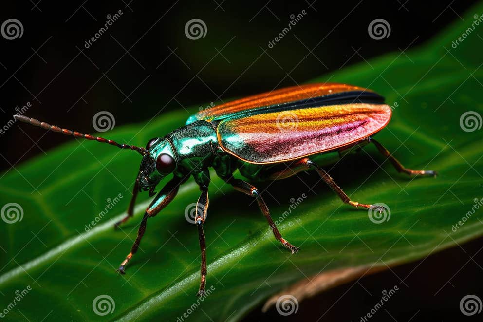 Macro Shot of an Iridescent Beetle on a Leaf Stock Illustration ...