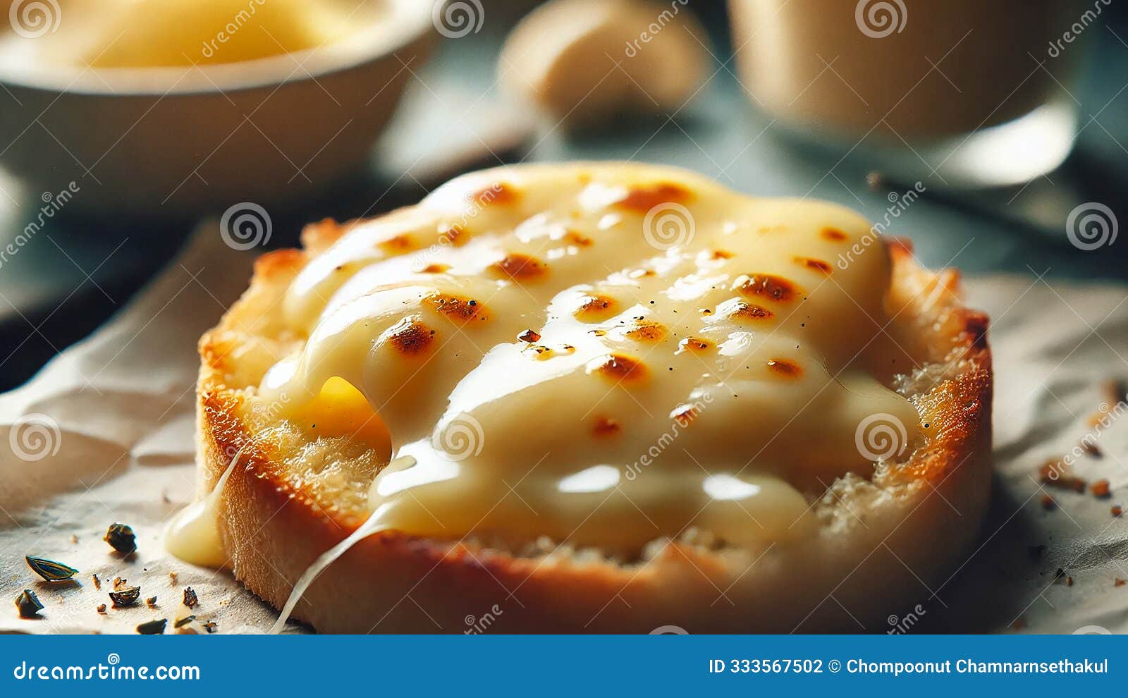 A Macro Shot of Melted Cheese on a Slice of Garlic Bread Stock ...