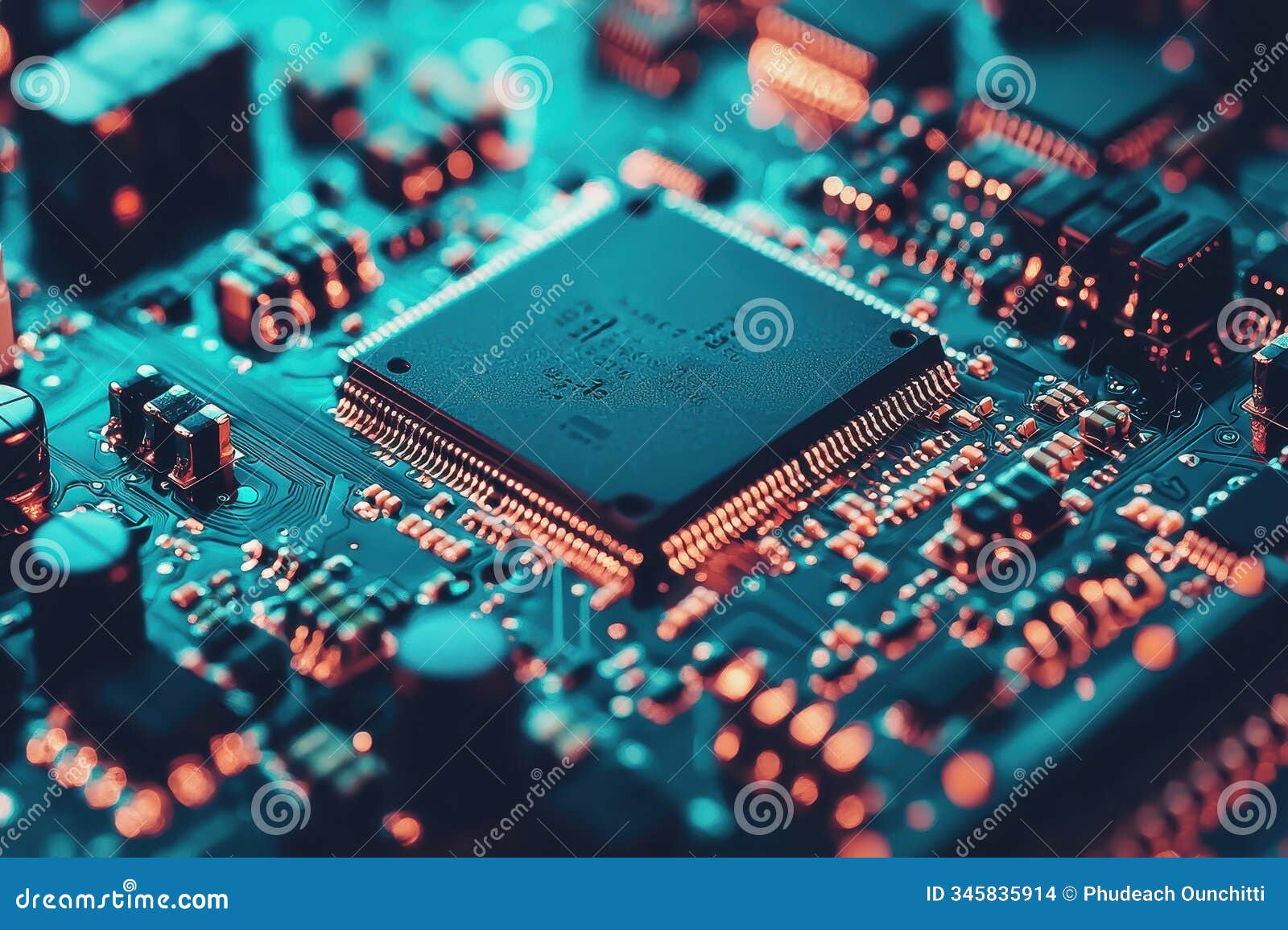 Macro Shot of a Modern Microprocessor on a Circuit Board with Glowing ...