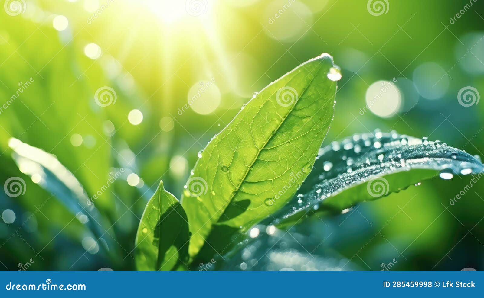 Macro Shot of Raindrops on Green Leaves, Sunny Blurred Background Stock ...