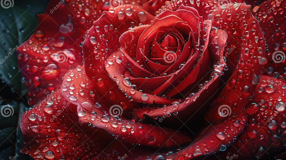 Macro Shot of a Red Rose with Dew Drops Stock Illustration ...