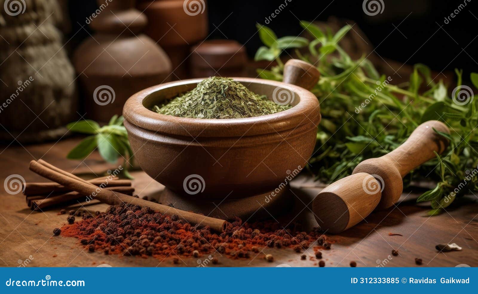 A Macro Shot of Spices and Herbs in a Mortar and Pestle, with a ...