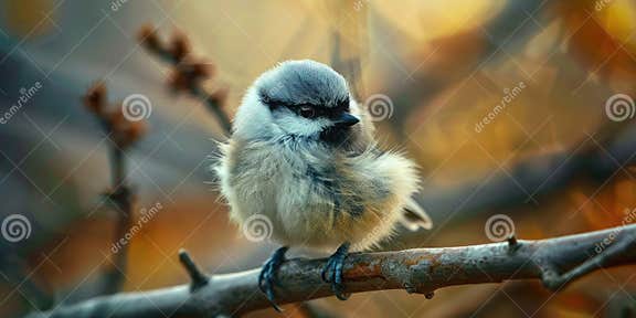 Macro Shot of a Tiny Chickadee Perched on a Tree Branch, Fluffy ...