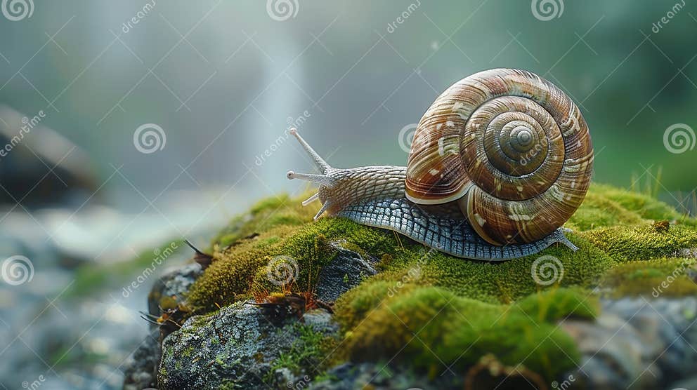 Macro Snail on Mossy Stone, Intricate Shell Pattern, Soft Natural Light ...