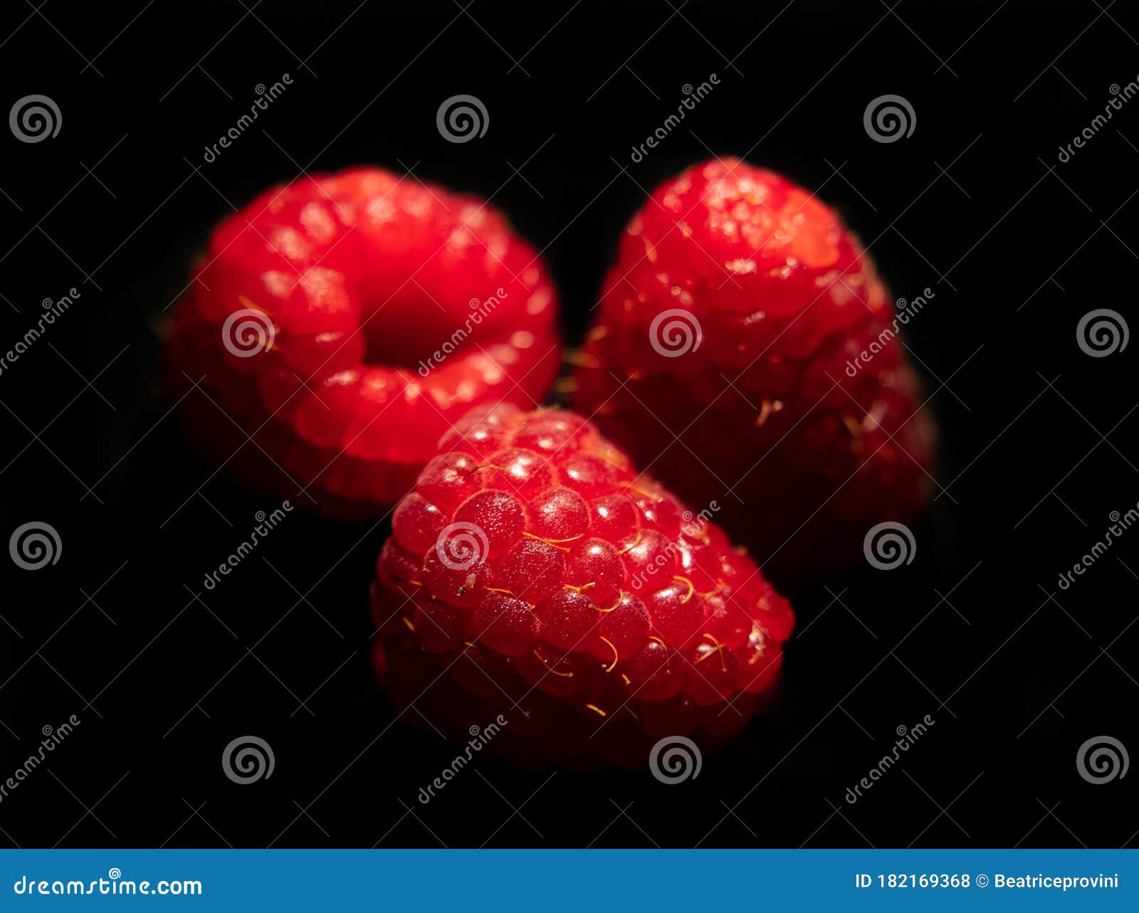 Macro Three Raspberries Black Background Stock Photo - Image of ...