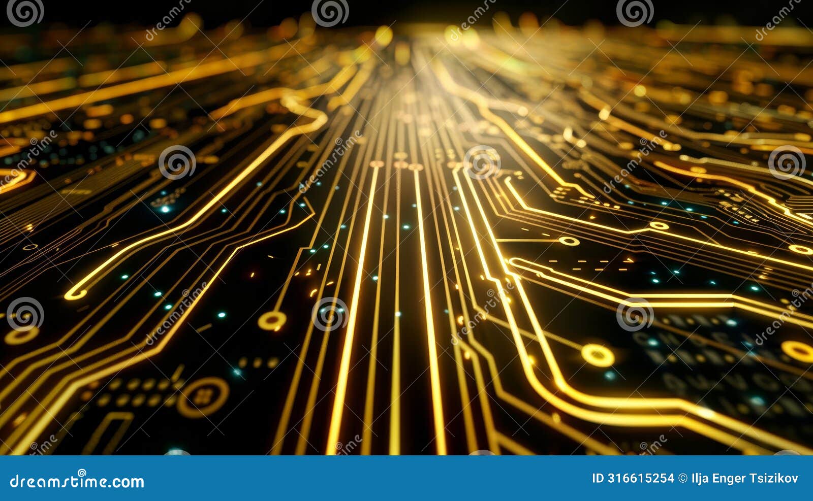Macro View of Black Pcb with Gold Connectors, Tech Concepthorizontal ...