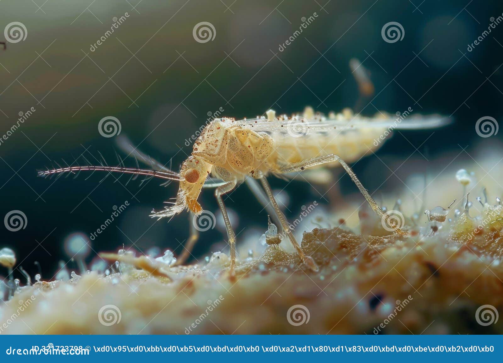 Macro View of a Translucent Pale Insect on a Moist Surface, Capturing ...