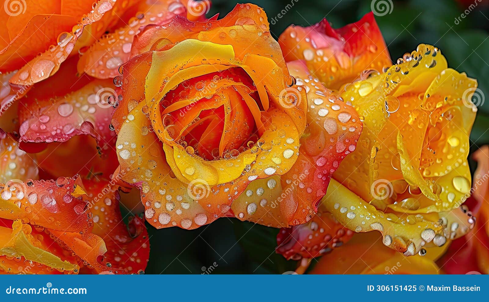 Macrophotography of Red and Yellow Roses in Dew Drops. Background for ...