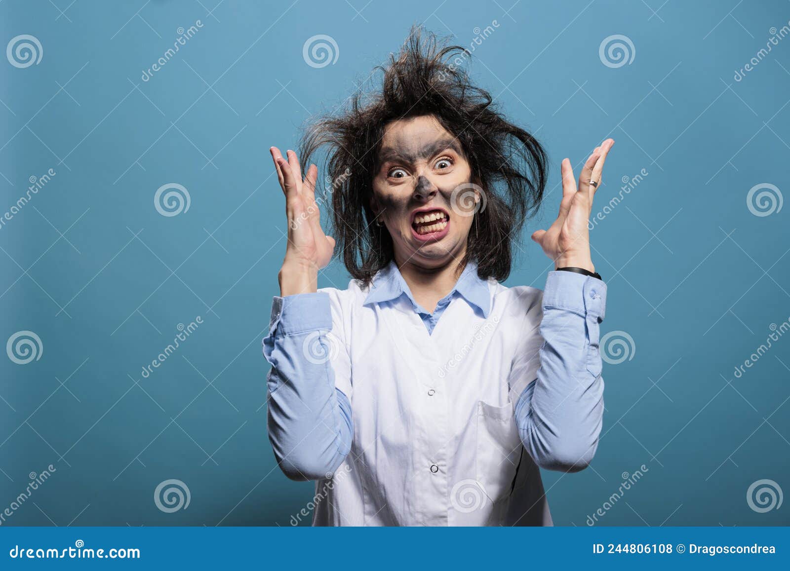 Mad Biochemist with Amusing Look after Laboratory Explosion Being Angry ...