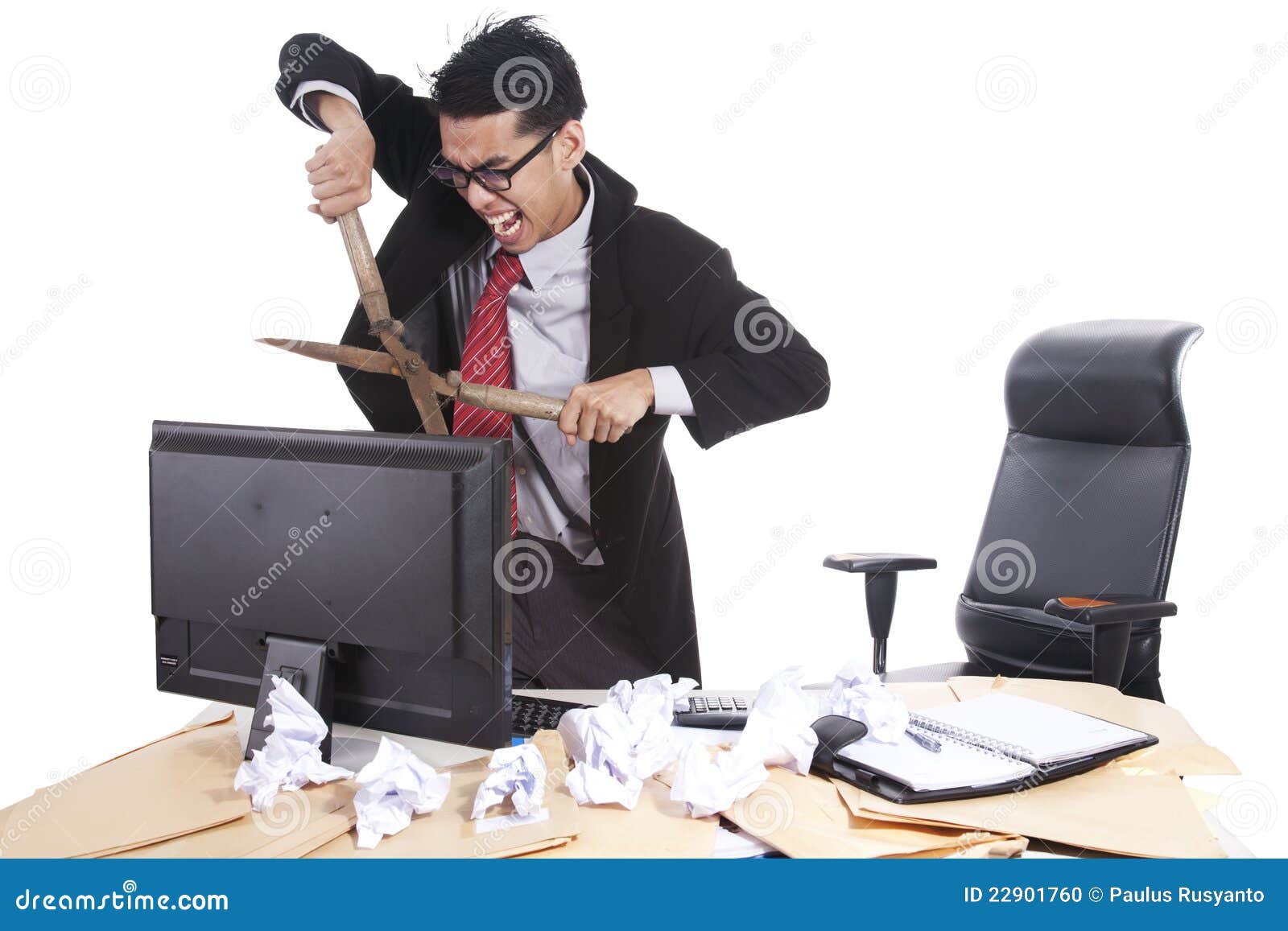 Mad Businessman Cutting Computer Stock Photo - Image of paperwork ...