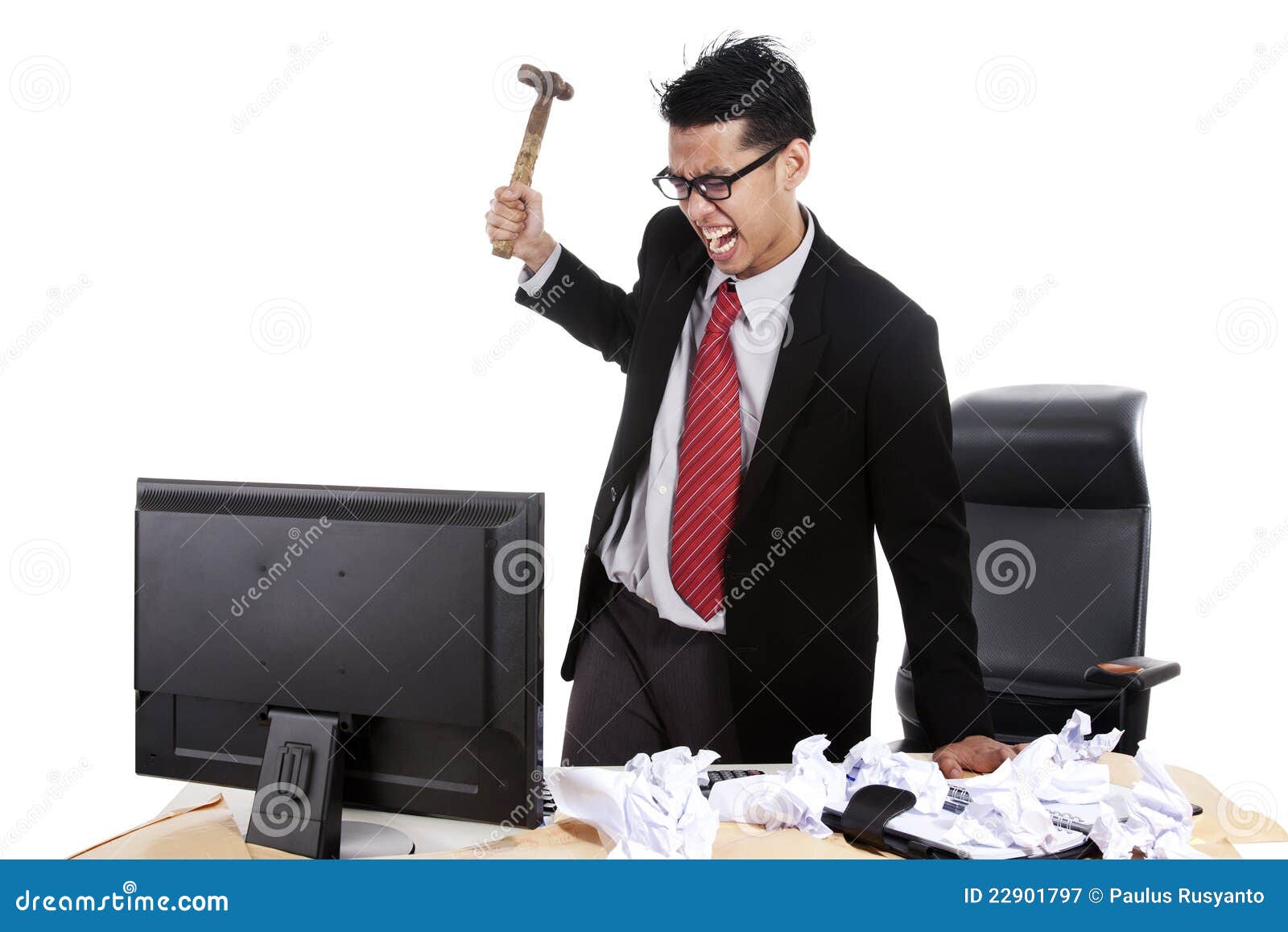 Mad Businessman Hitting His Computer Stock Image - Image of monitor ...