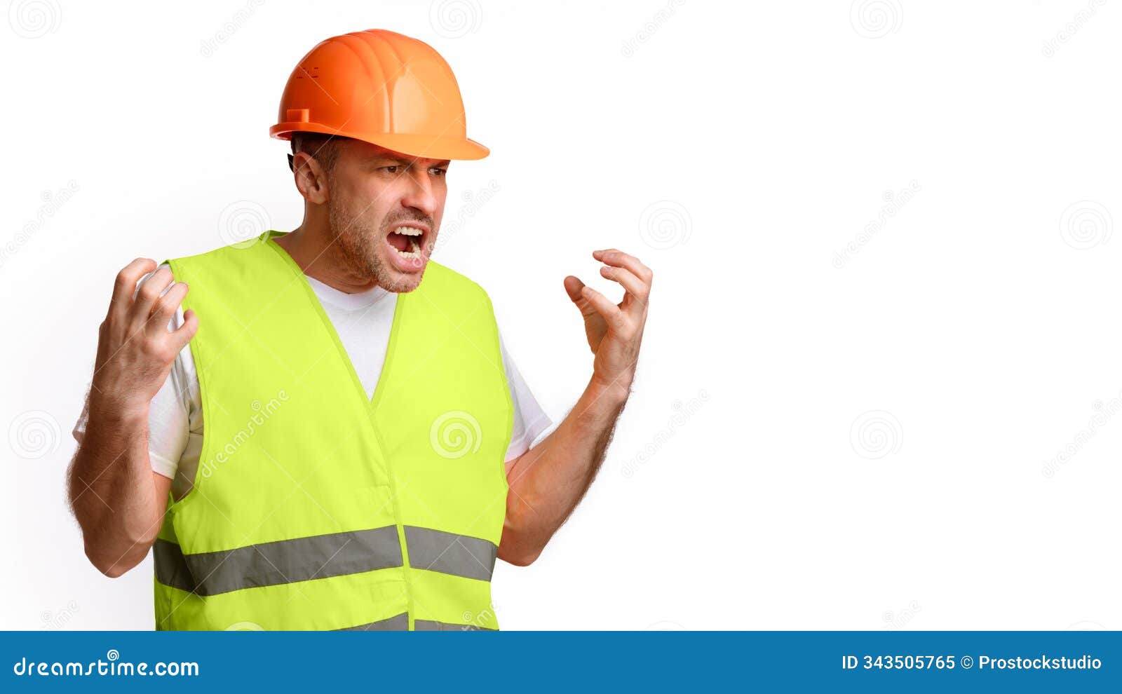 Mad Construction Worker Shouting Emotionally Standing Over White ...