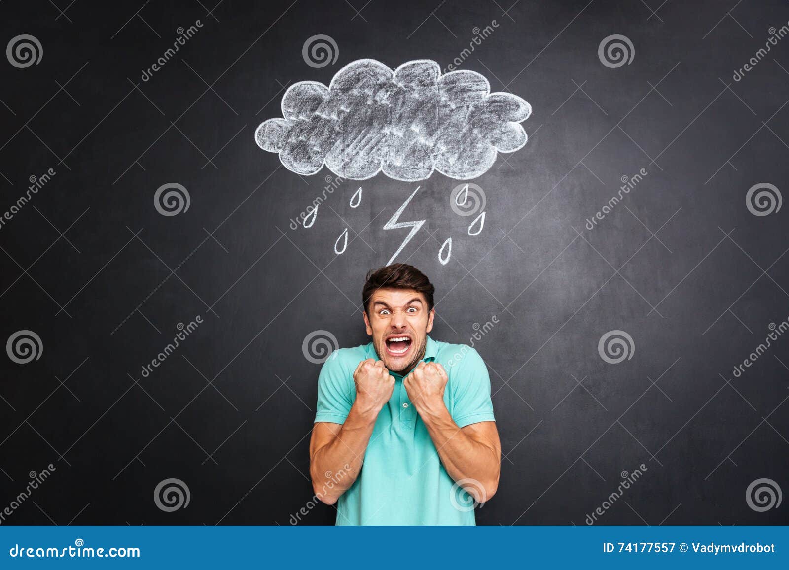Mad Man Standing Under Drawn Raincloud with Lightning and Rain Stock ...
