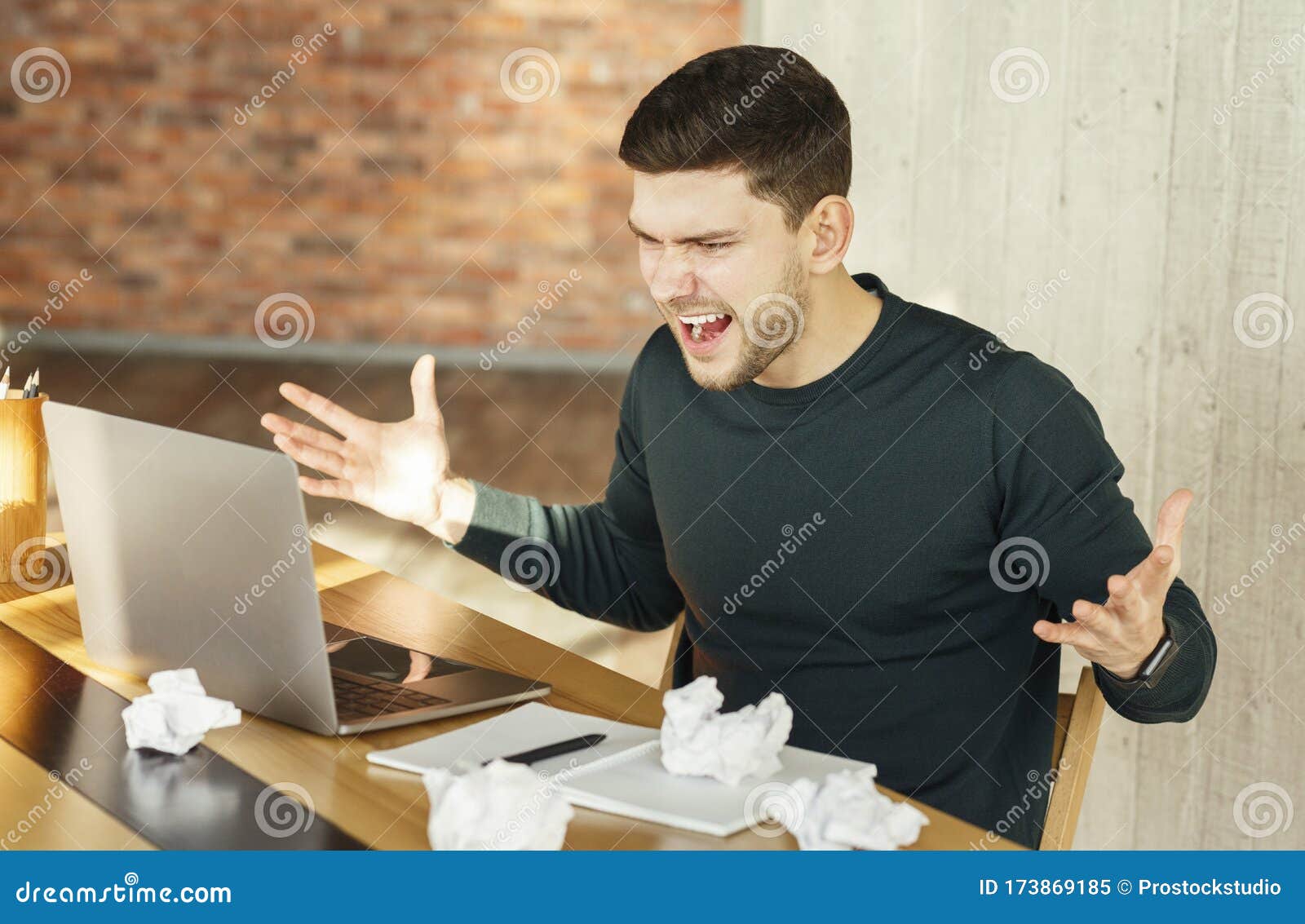 Mad Office Manager Screaming at Laptop Computer Sitting at Workplace ...