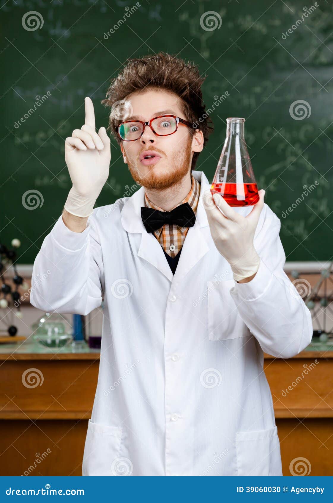 Mad Professor in Rubber Gloves and Spectacles Stock Photo - Image of ...