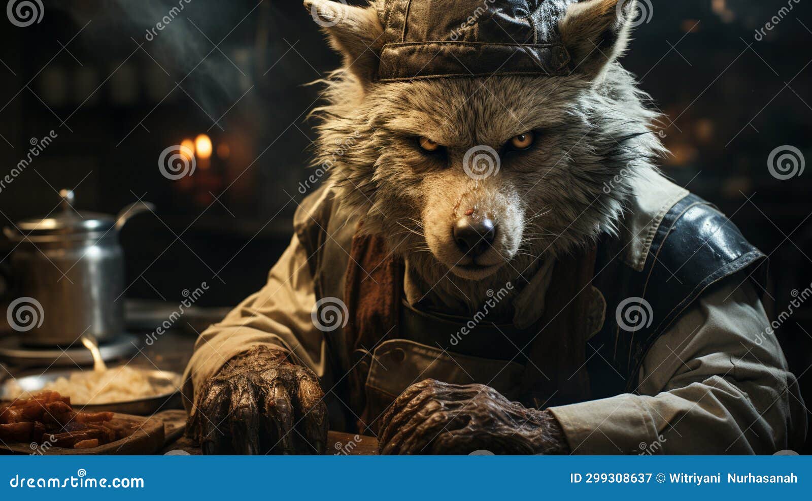 Mad Wolf with Chef Uniform, Hold a Knife in the Kitchen. Generative AI ...