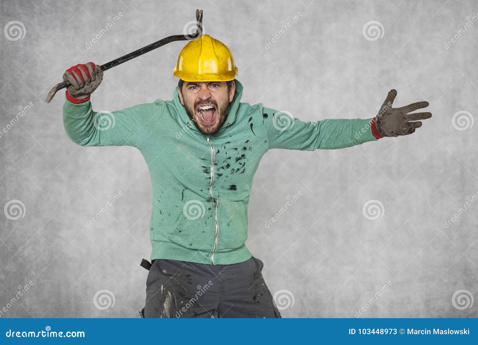 A Mad Worker Hits a Crowbar with a Safety Helmet Stock Image - Image of ...