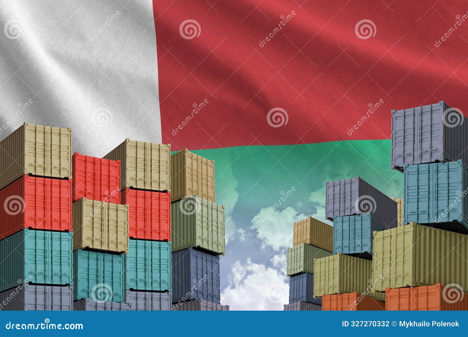 Madagascar Flag and Big Stack of Shipping Cargo Containers in Docks ...