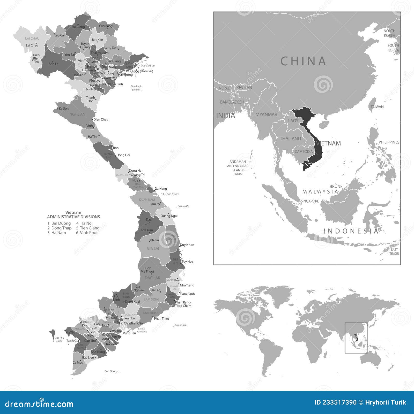 Vietnam - Highly Detailed Black and White Map. Stock Vector ...