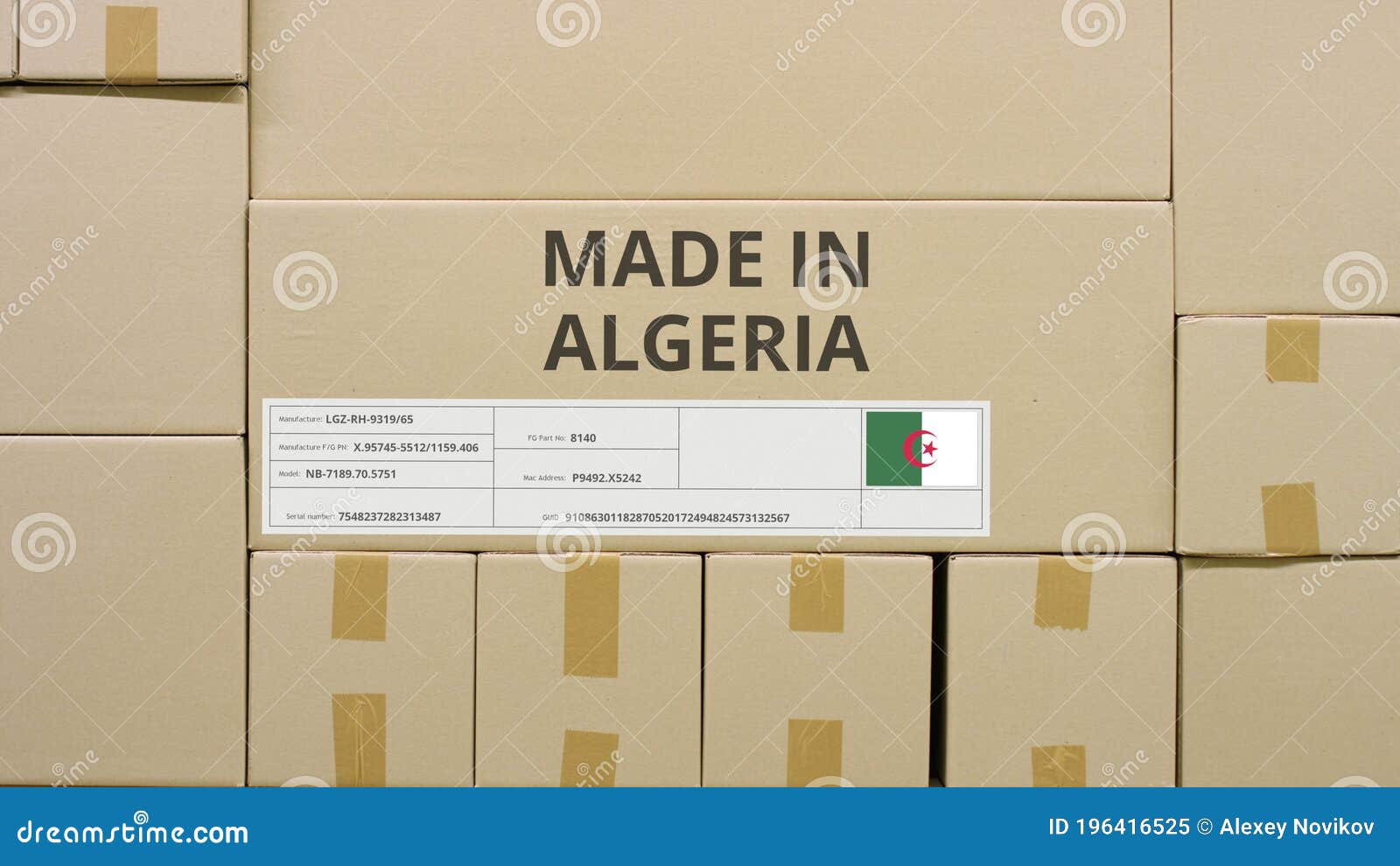 MADE in ALGERIA Text and Flag Label on the Carton in a Storage Stock ...