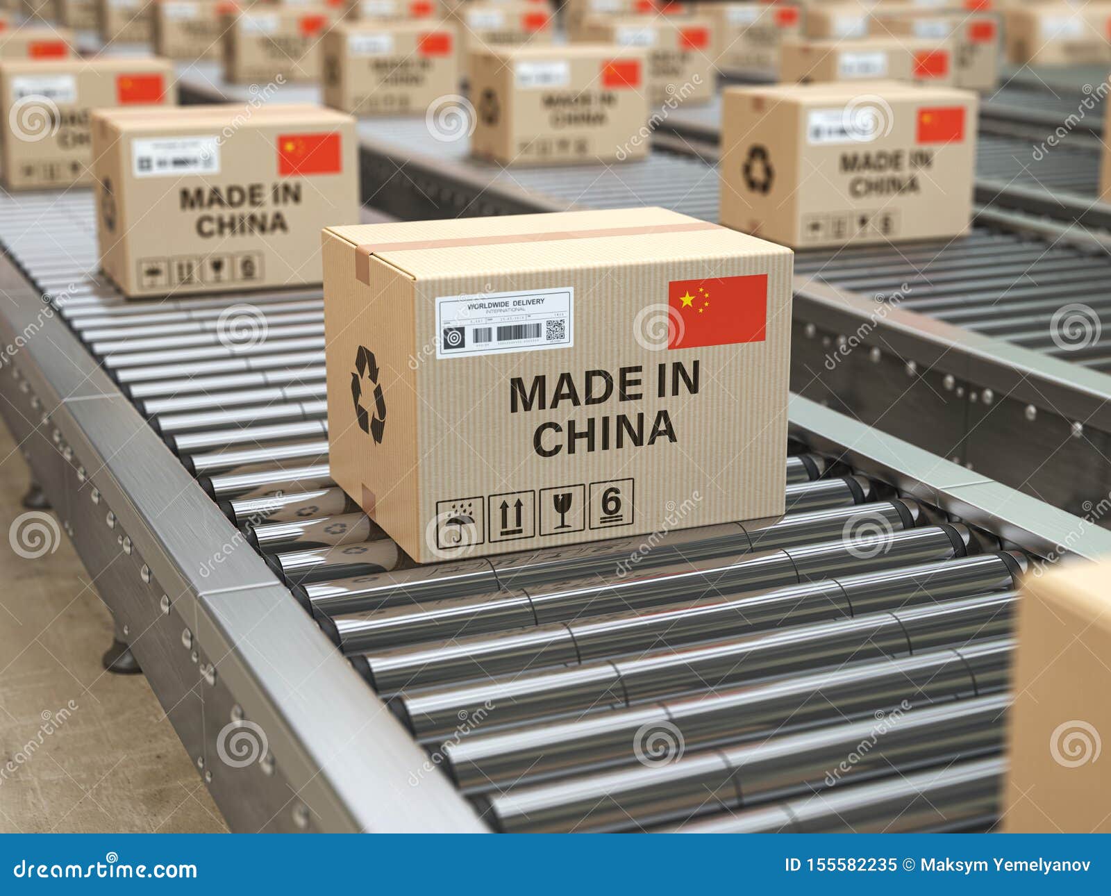 Made in China. Cardboard Boxes with Text Made in China and Chinese Flag ...