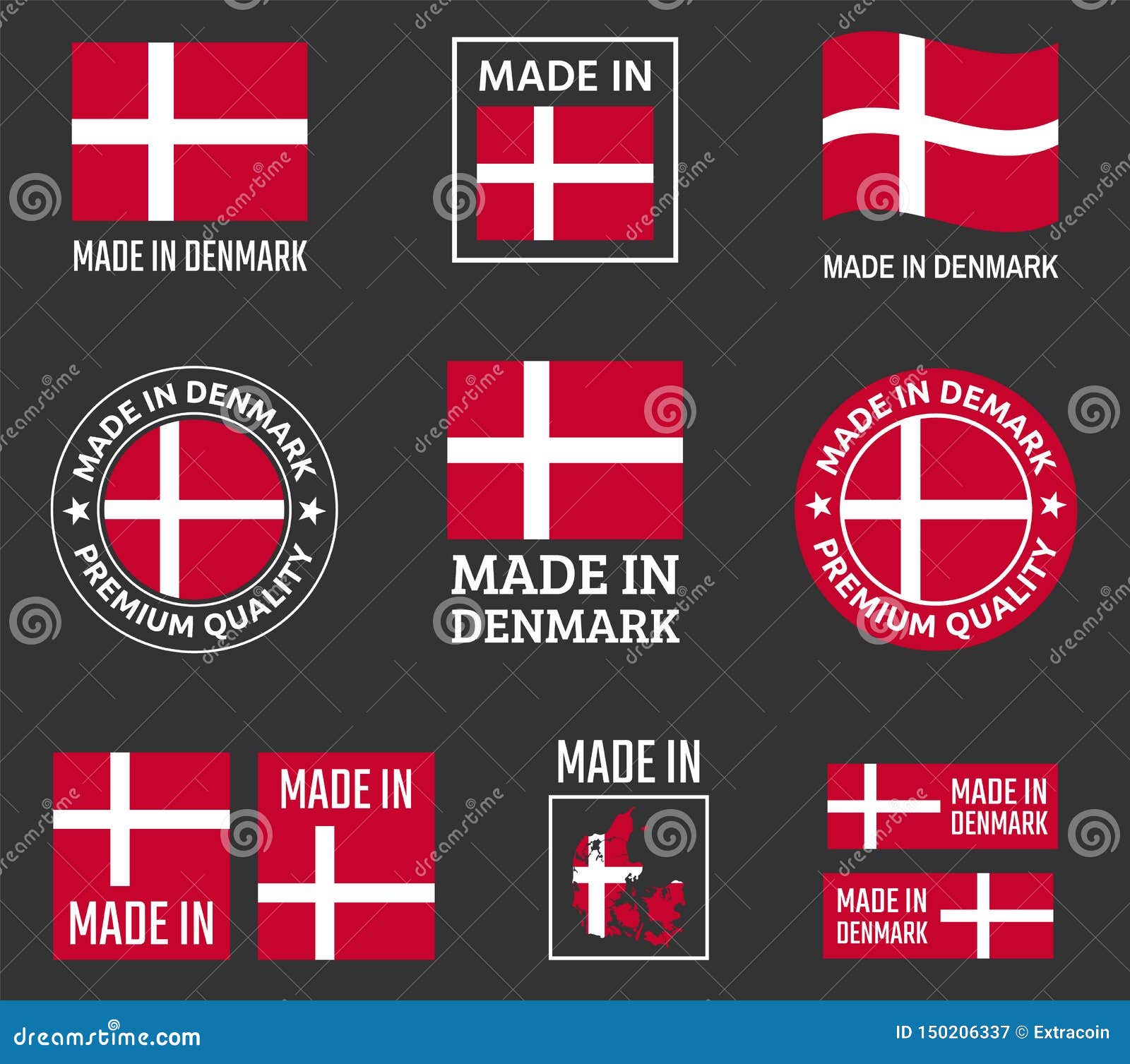 Made in Denmark Labels Set, Made in Kingdom of Denmark Product Emblem ...