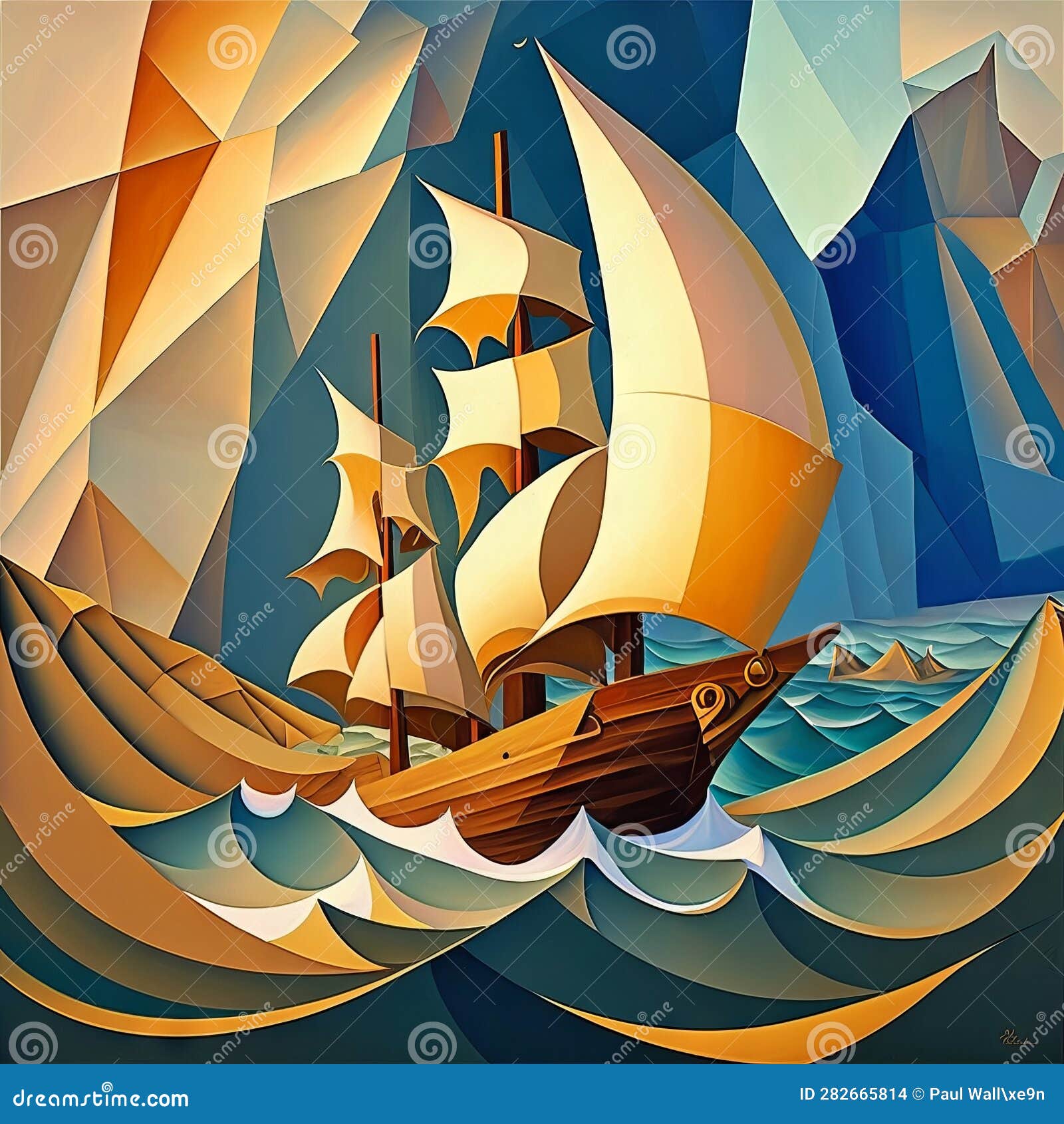 Cubistic Illustration of a Sailing Boat on the Ocean. Stock ...