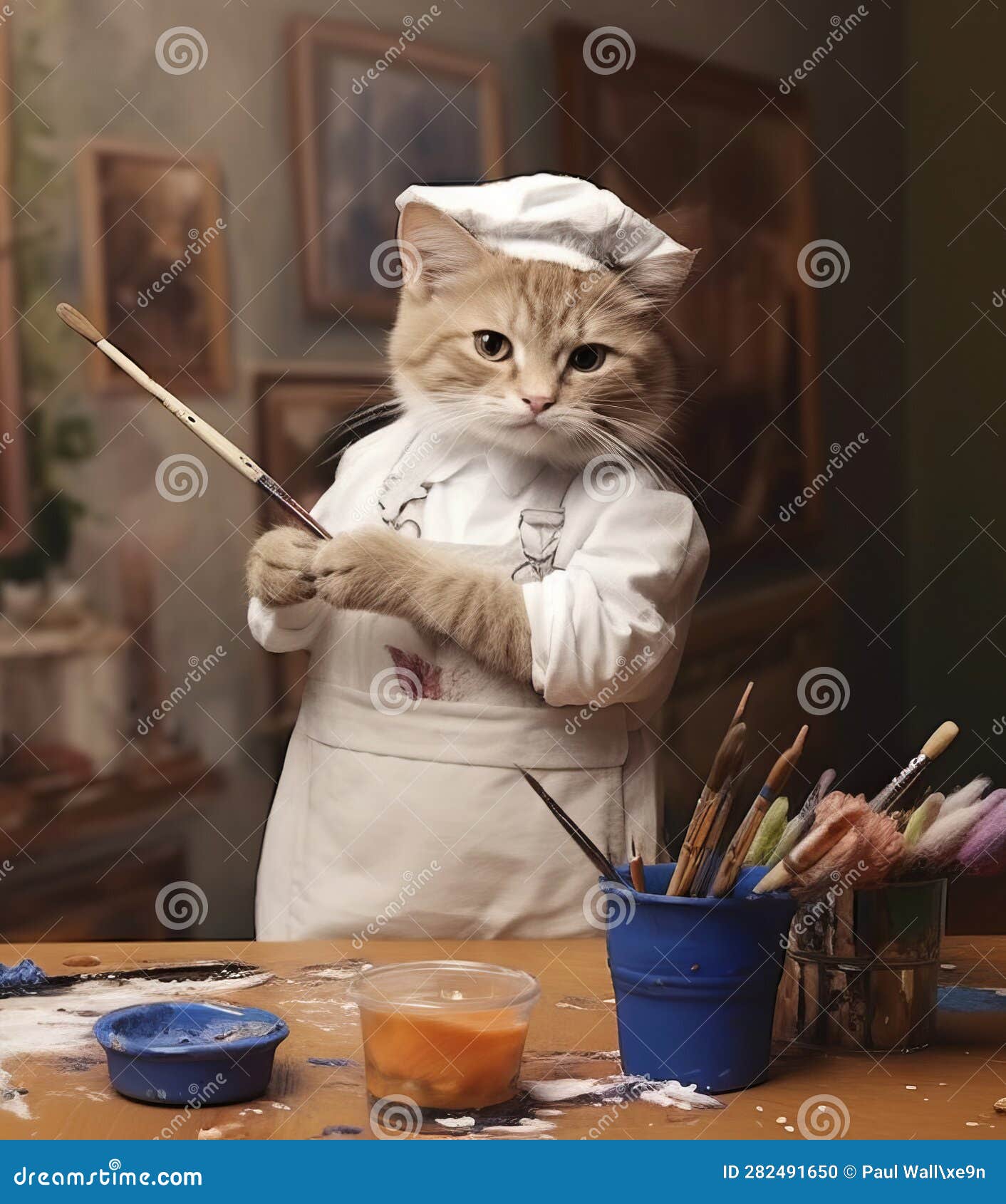 Cute Domestic Cat Posing As a Painter. Stock Illustration ...