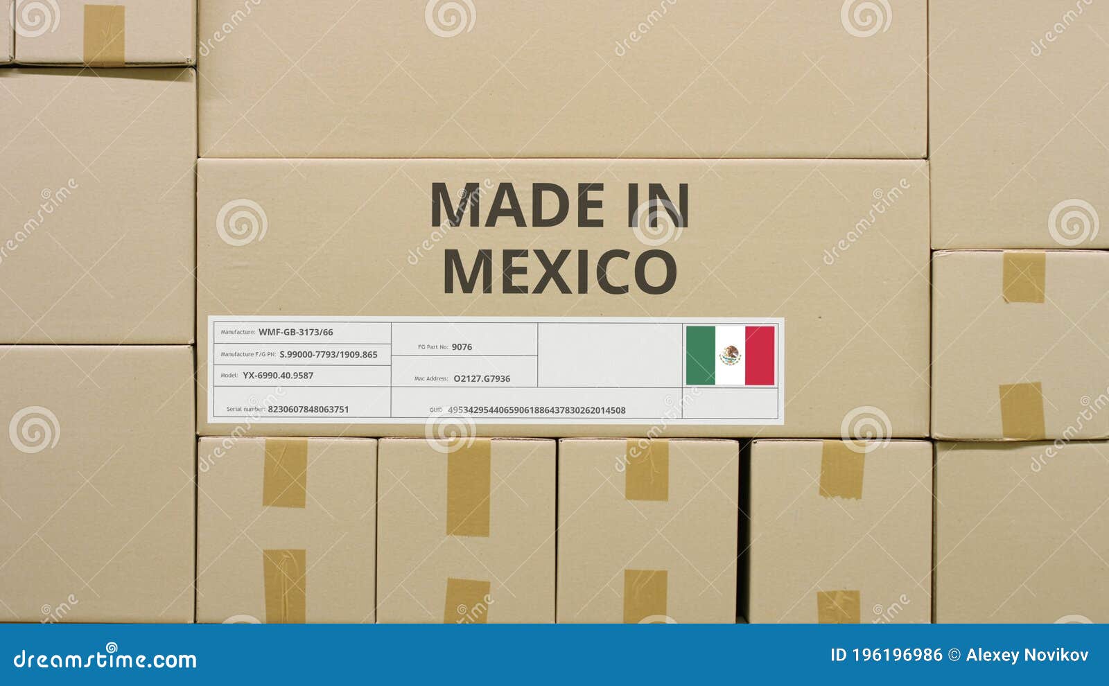 MADE in MEXICO Text and Flag Label on the Carton in a Storage ...