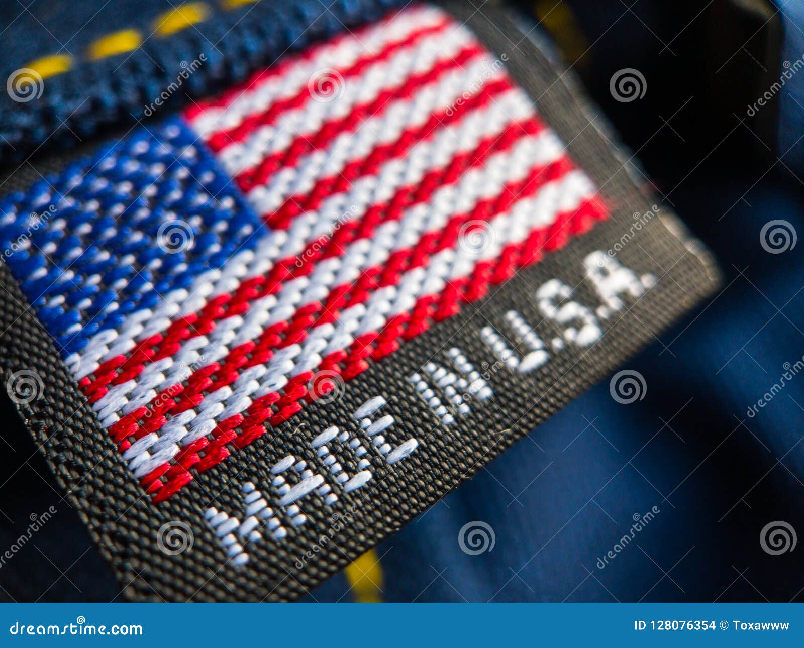 Made in USA textile label stock photo. Image of flag - 128076354
