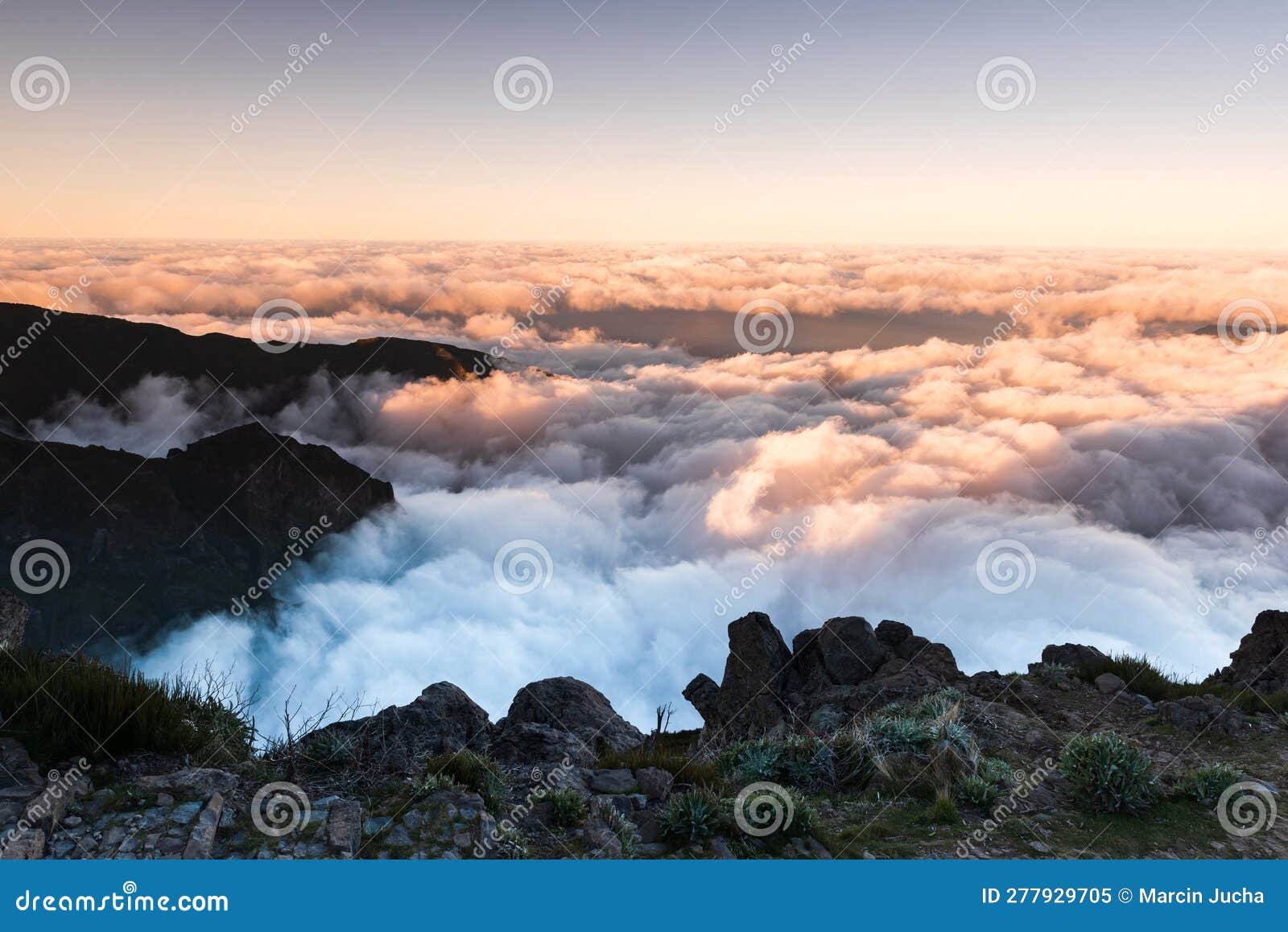 Madeira Mountains Landscape with Peaks Above Clouds at Sunset Stock ...