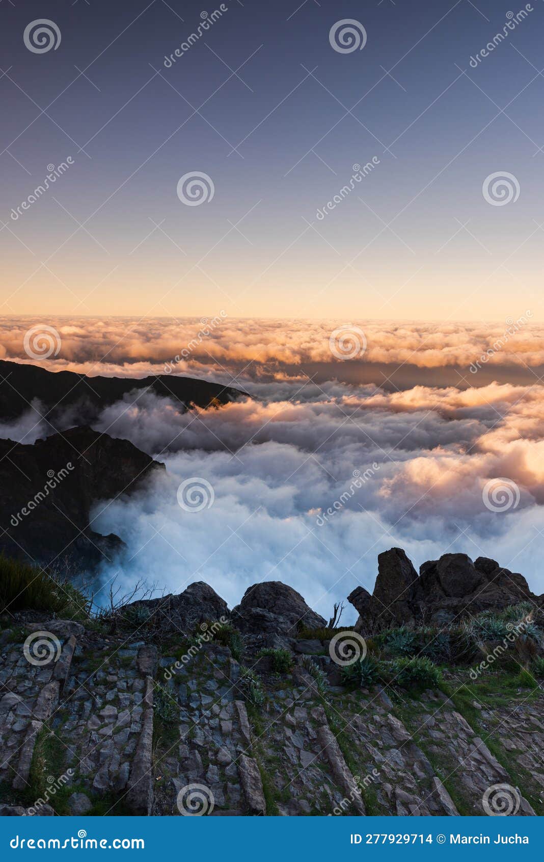 Madeira Mountains Landscape with Peaks Above Clouds at Sunset Stock ...