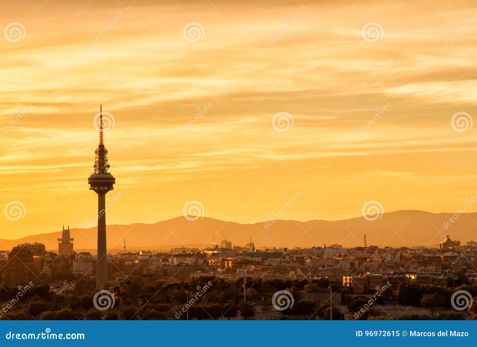 Madrid skyline at sunset stock image. Image of building - 96972615