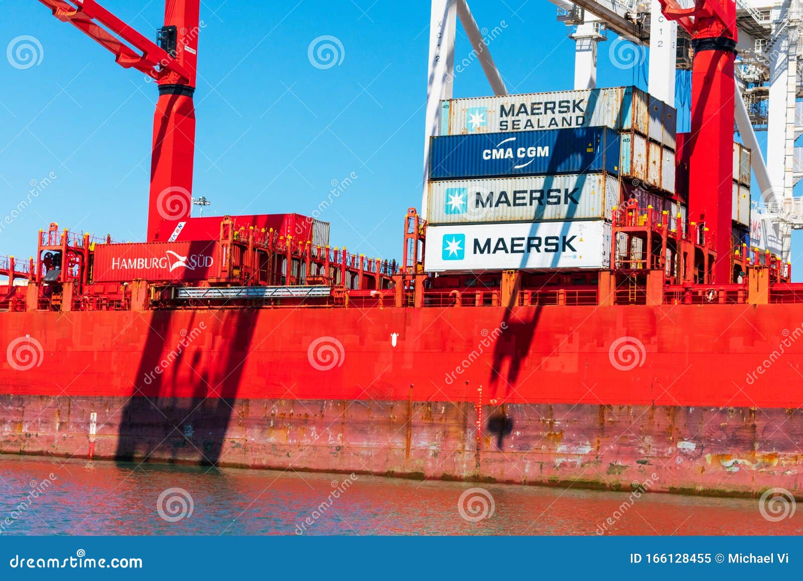 Maersk, CMA CGM, Hamburg Sud Shipping Containers Stacked Aboard Bright ... Maersk, CMA CGM, Hamburg Sud Shipping Containers Stacked Aboard Bright ...