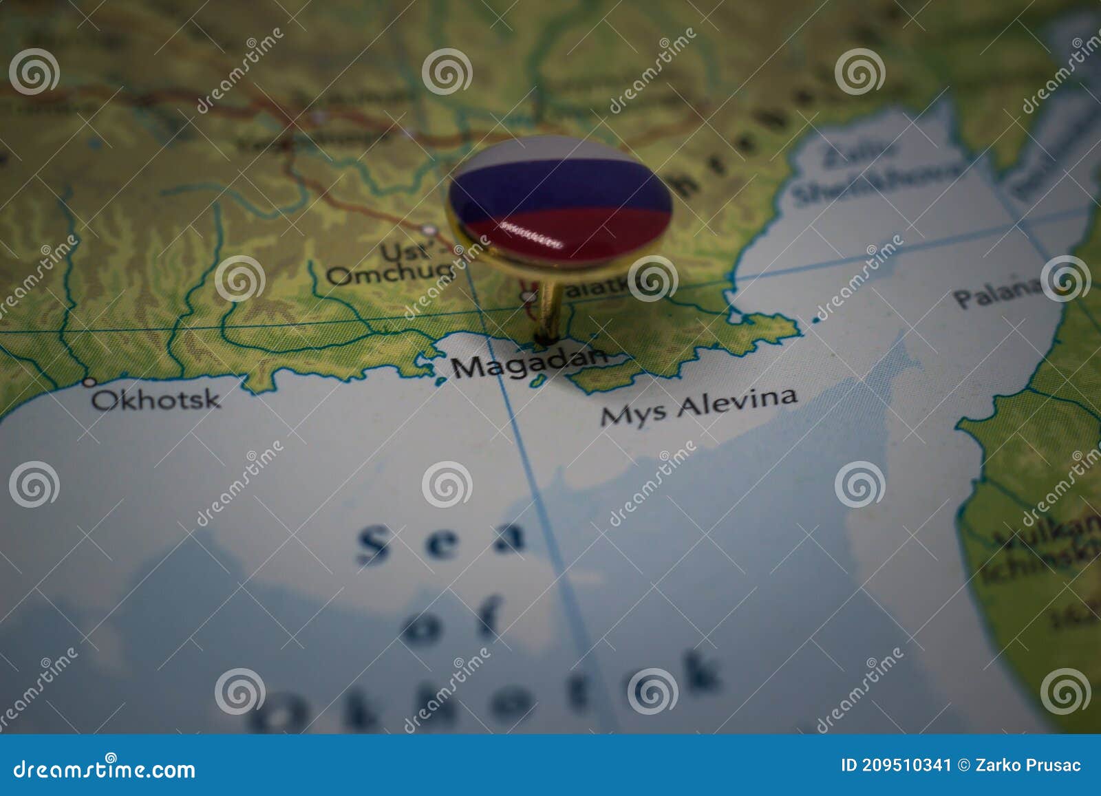 Magadan Pinned on a Map with the Flag of Russia Stock Image - Image of ...