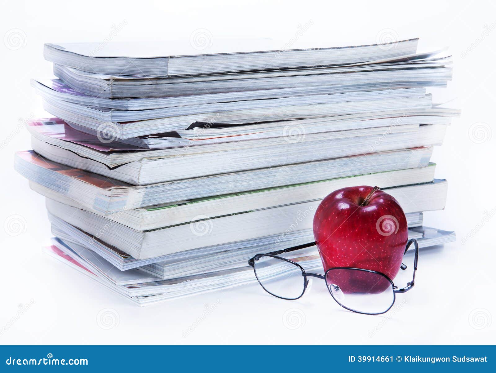 Magazine and Book Stack with Glasses and Apple Stock Image - Image of ...