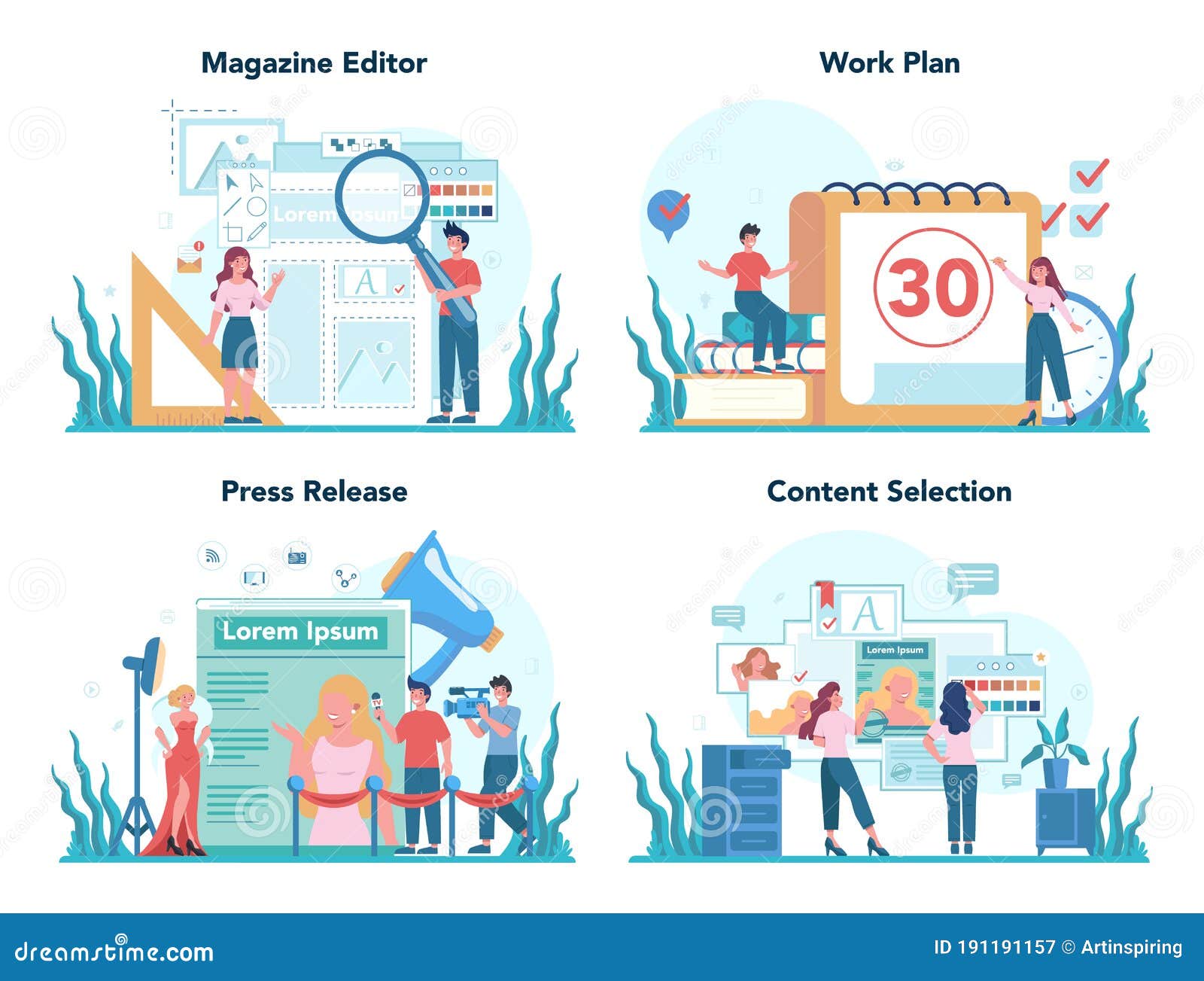 Magazine Editor Concept Set. Journalist and Designer Working Stock ...