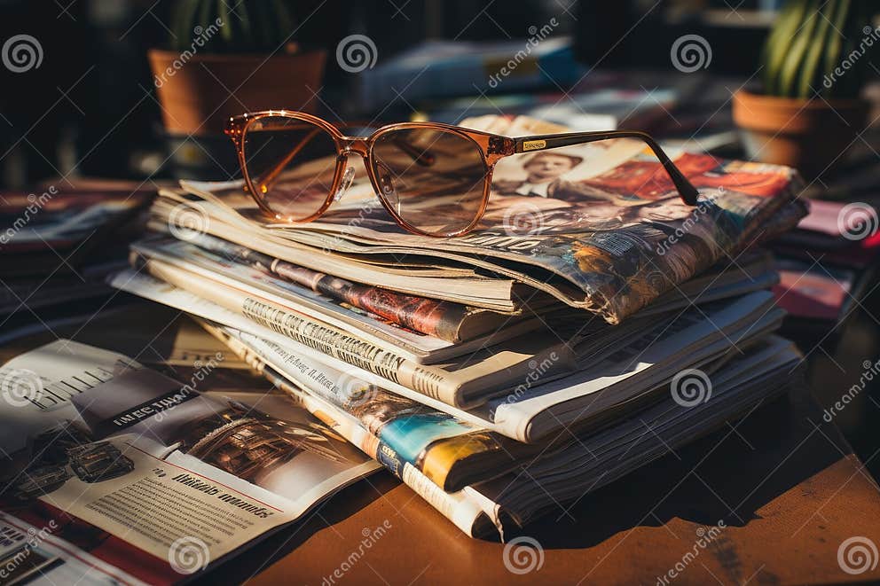 Magazines on Table with Eyeglasses Stock Illustration - Illustration of ...