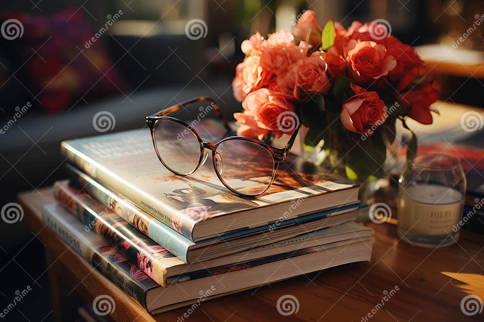 Magazines on Table with Eyeglasses Stock Illustration - Illustration of ...