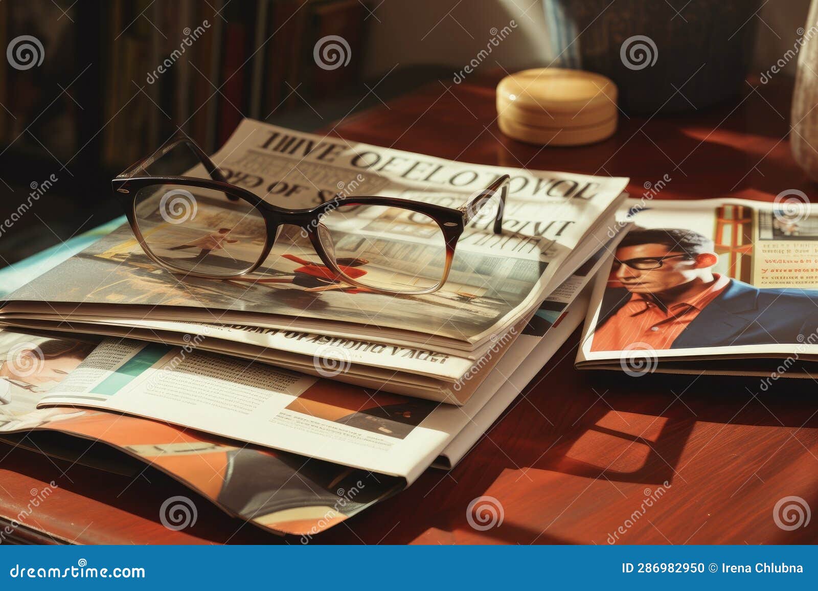 Magazines on Table with Eyeglasses Stock Illustration - Illustration of ...