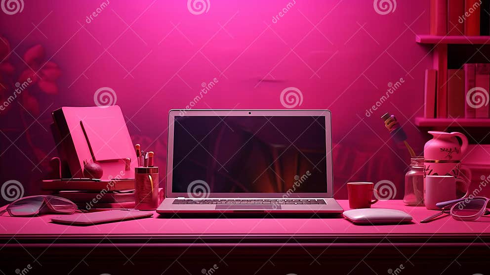 Magenta Computer Lying on a Table in a Study Room Stock Illustration ...