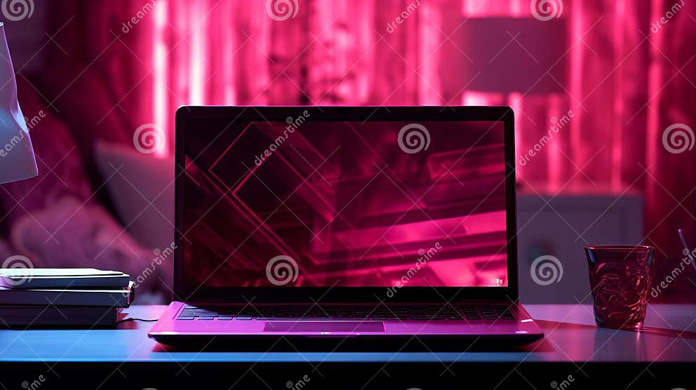 Magenta Computer on Table in Study with Natural Lighting Stock ...