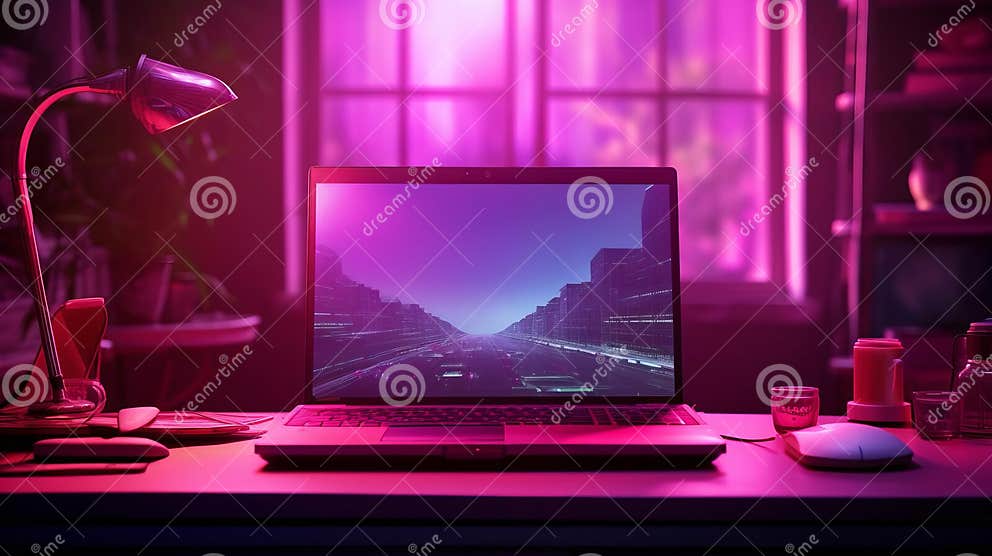 Magenta Computer on a Table in a Study Room Stock Illustration ...
