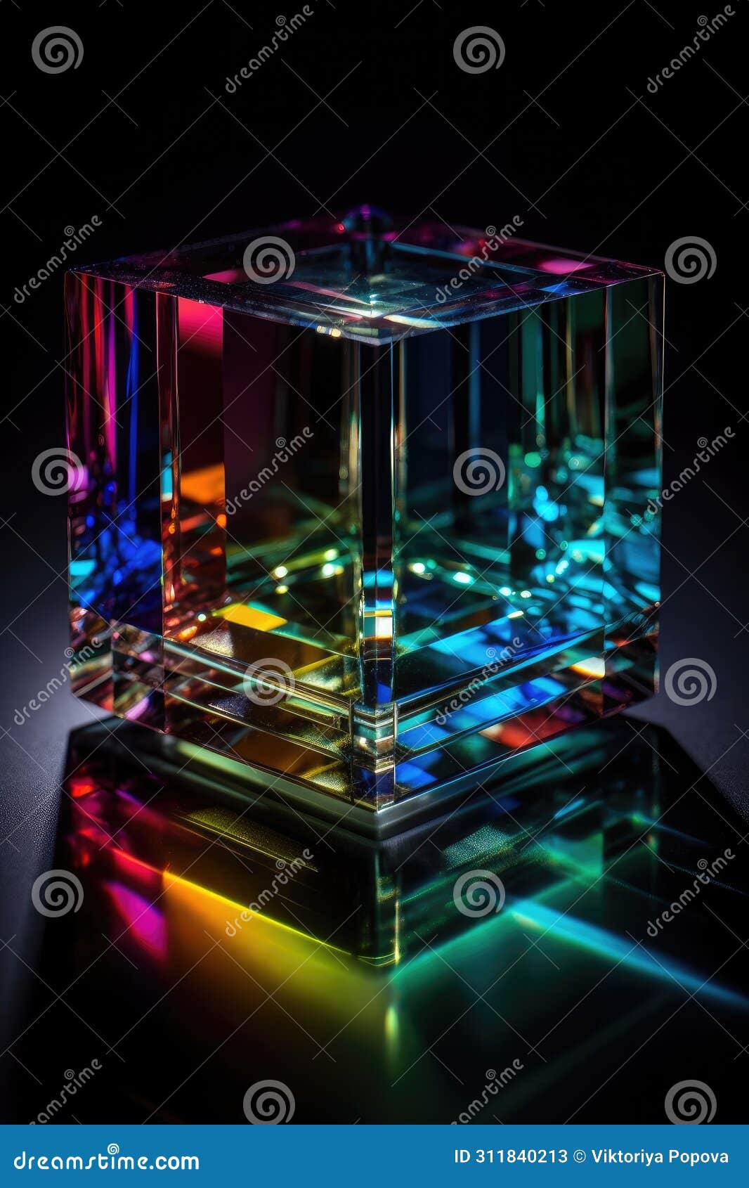 A Magenta Glass Cube Sits on a Black Table, Made of Transparent ...