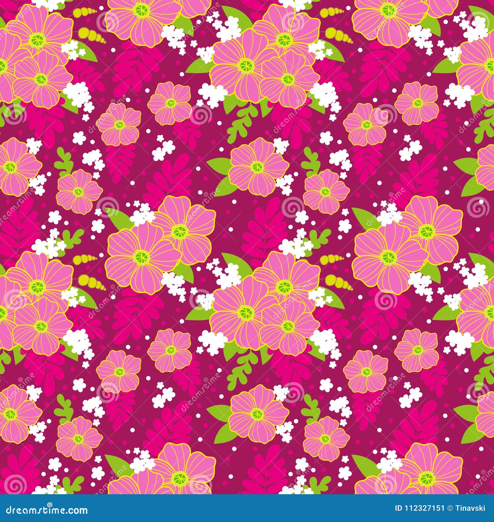 Magenta Spring Line Art Flowers Vector Pattern Stock Illustration ...